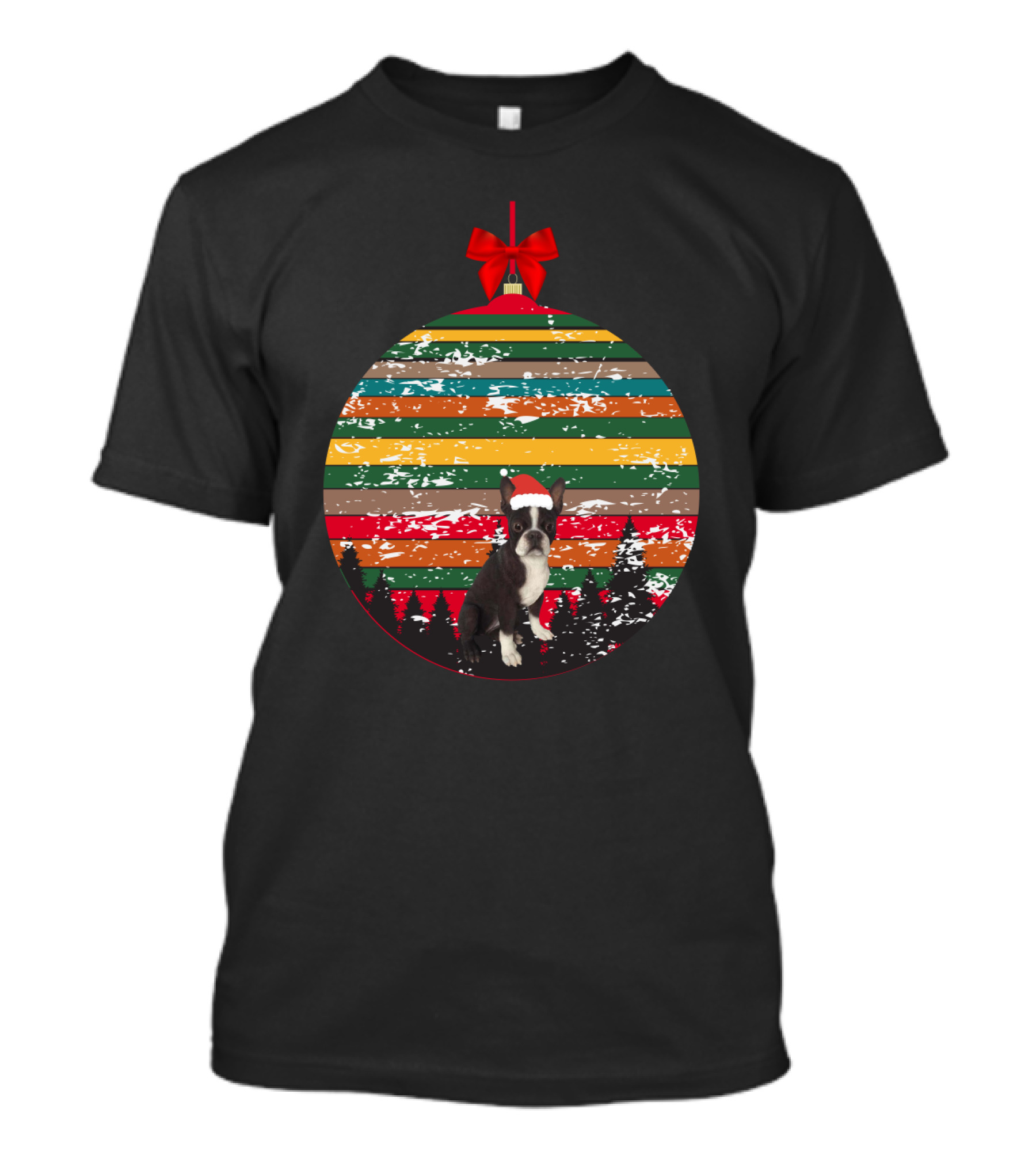 Christmas Boston Terrier Santa Hat Vintage Ornament Stripes Forest T-Shirt