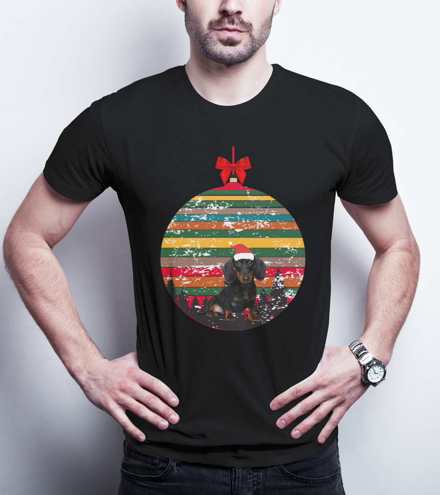 Christmas Dachshund In Vintage Festive Ornament With Santa Hat And Striped T-Shirt