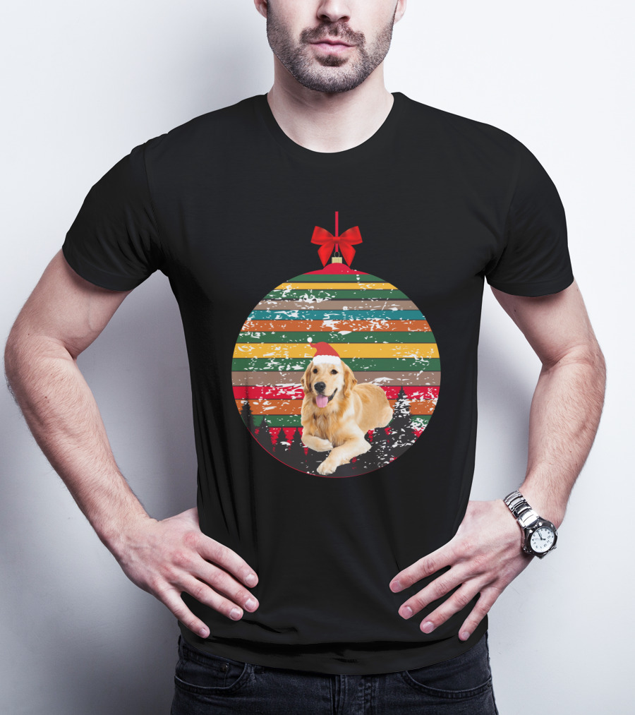 Christmas Vintage Golden Retriever Ornament With Santa Hat And Colorful Stripes T-Shirt