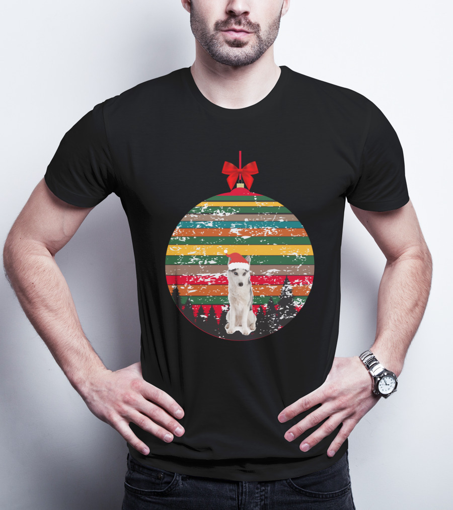 Christmas Husky With Santa Hat And Vintage Ornament Stripes T-Shirt