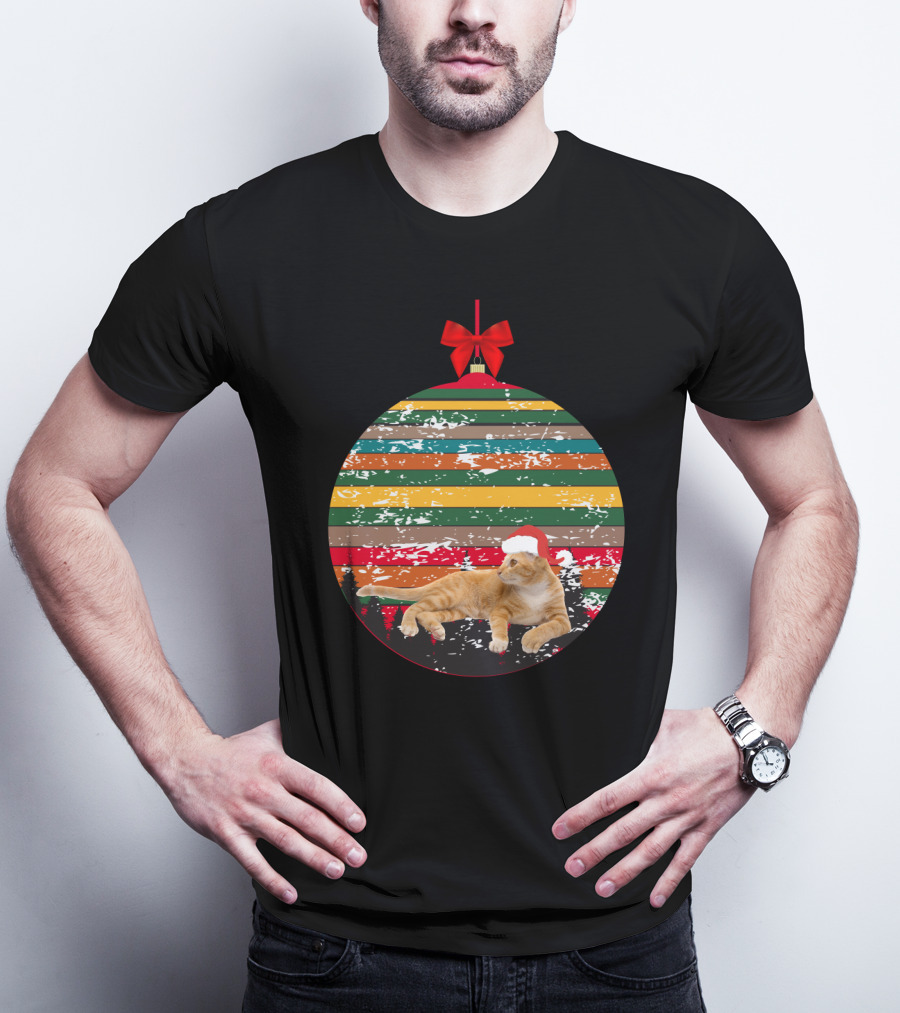 Christmas Vintagetees Cat In Santa Hat On Retro Striped Christmas T-Shirt