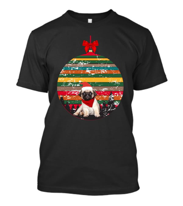 Festive Christmas Ornament With Vintage Pug And Striped Santa Hat And Scarf T-Shirt