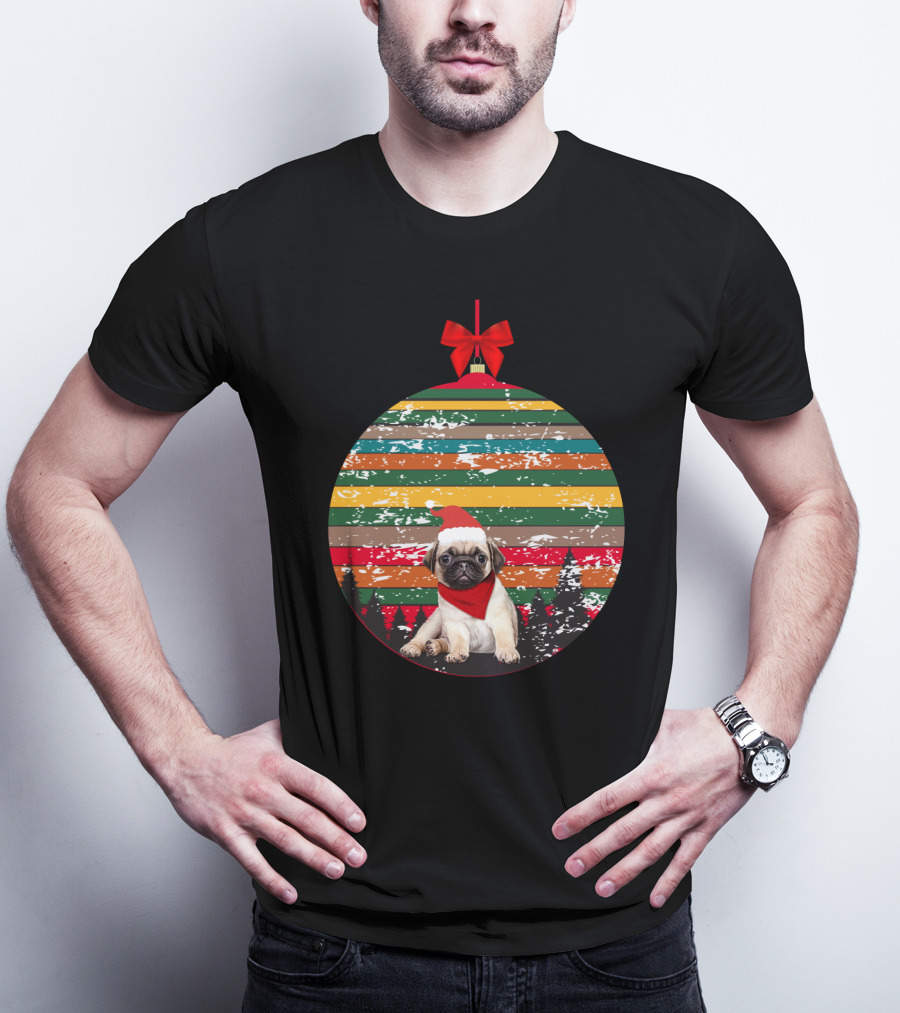Festive Christmas Ornament With Vintage Pug And Striped Santa Hat And Scarf T-Shirt