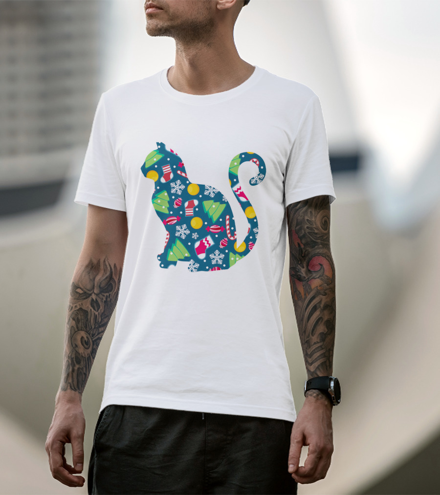 Christmas Cat Silhouette With Festive Trees And Ornaments T-Shirt