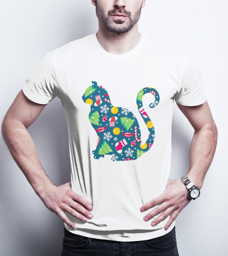 Christmas Cat Silhouette With Festive Trees And Ornaments T-Shirt