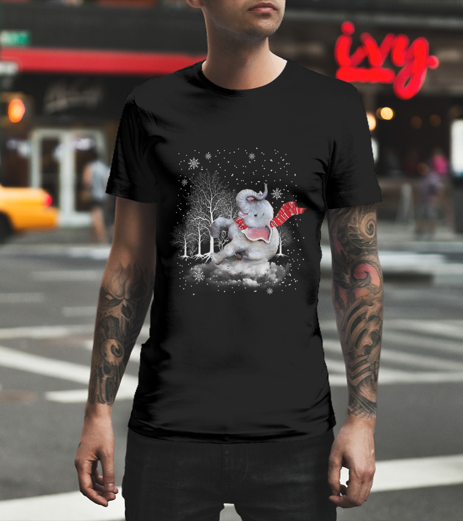 Elephant Christmas Snowflake Scarf Winter Forest Scene T-Shirt