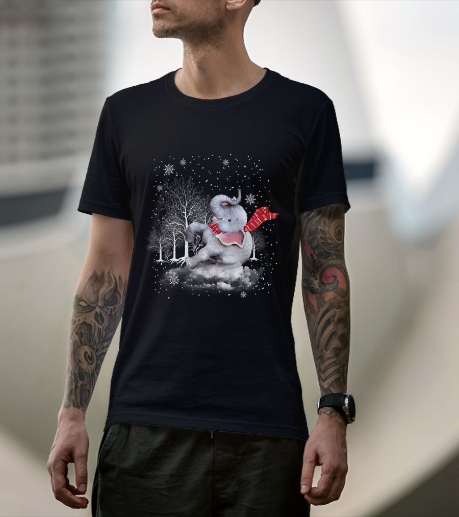 Elephant Christmas Snowflake Scarf Winter Forest Scene T-Shirt