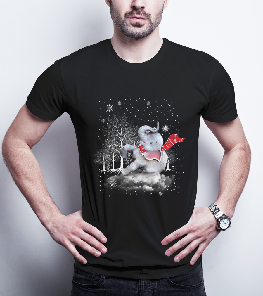 Elephant Christmas Snowflake Scarf Winter Forest Scene T-Shirt