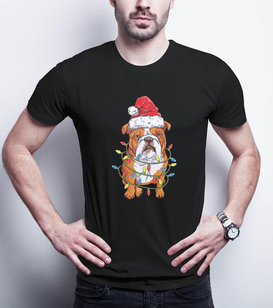 English Bulldog Christmas Santa Hat Festive Lights T-Shirt