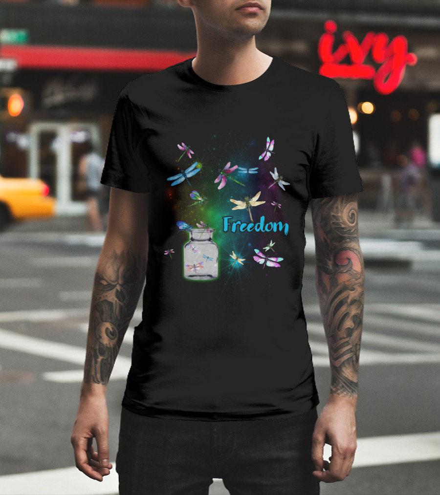 Freedom Dragonflies In A Jar Burst Of Colorful Flight T-Shirt