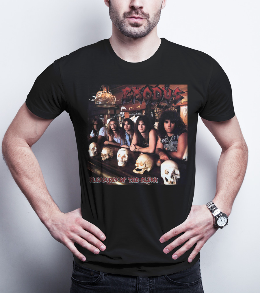 Exodus Pleasures Of The Flesh Album Cover With Band Members And Skulls T-Shirt
