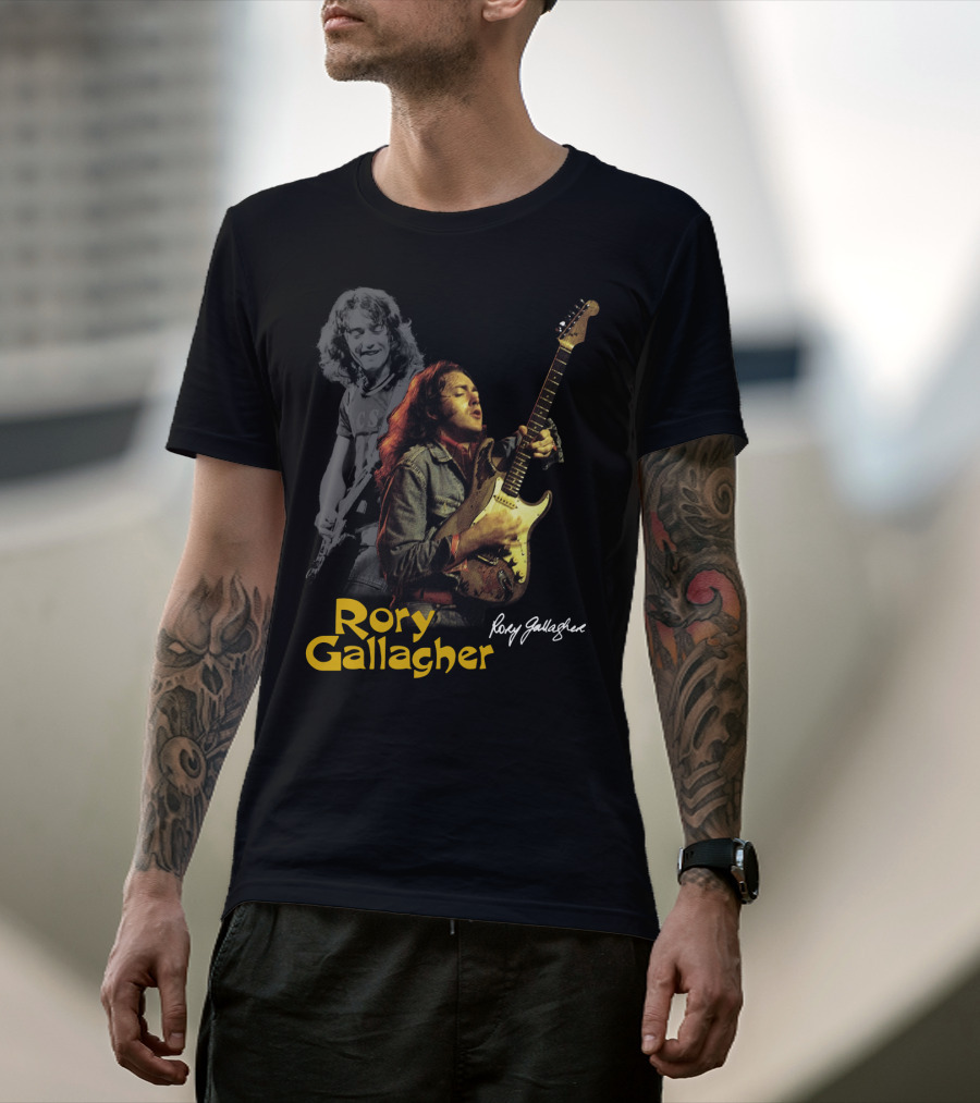Rory Gallagher Playing Electric Guitar With Signature T-Shirt
