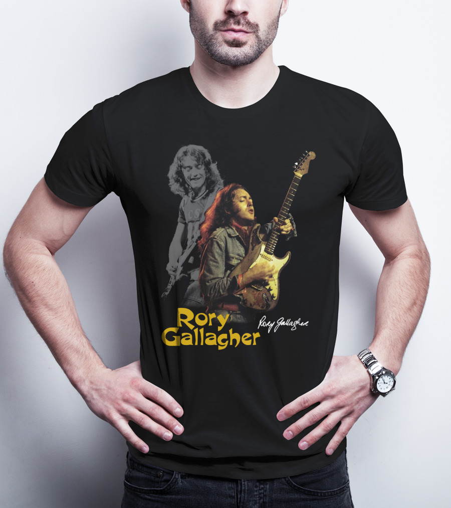 Rory Gallagher Playing Electric Guitar With Signature T-Shirt