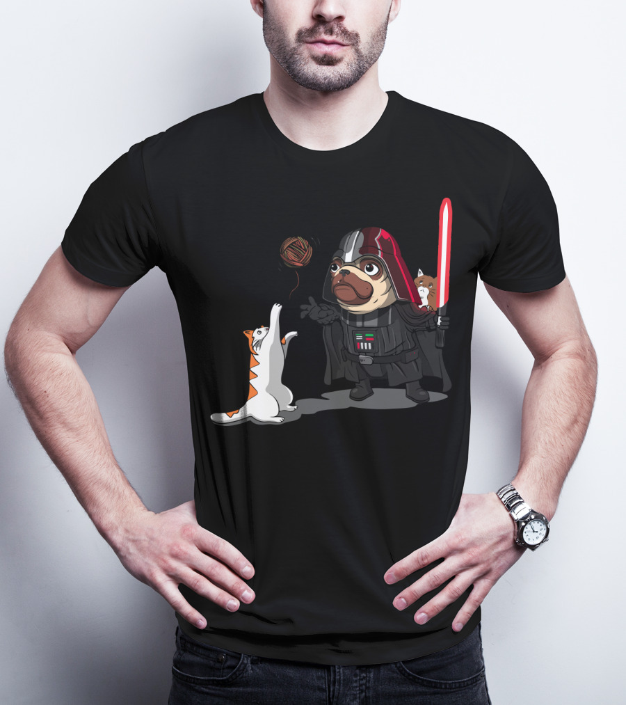 Pug Vader With Lightsaber And Cats Playing With Yarn Star Wars T-Shirt