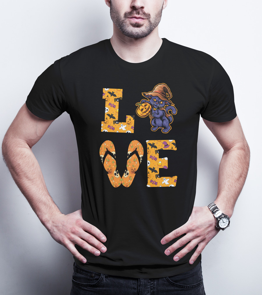 Love Halloween Cat With Witch Hat And Pumpkin T-Shirt