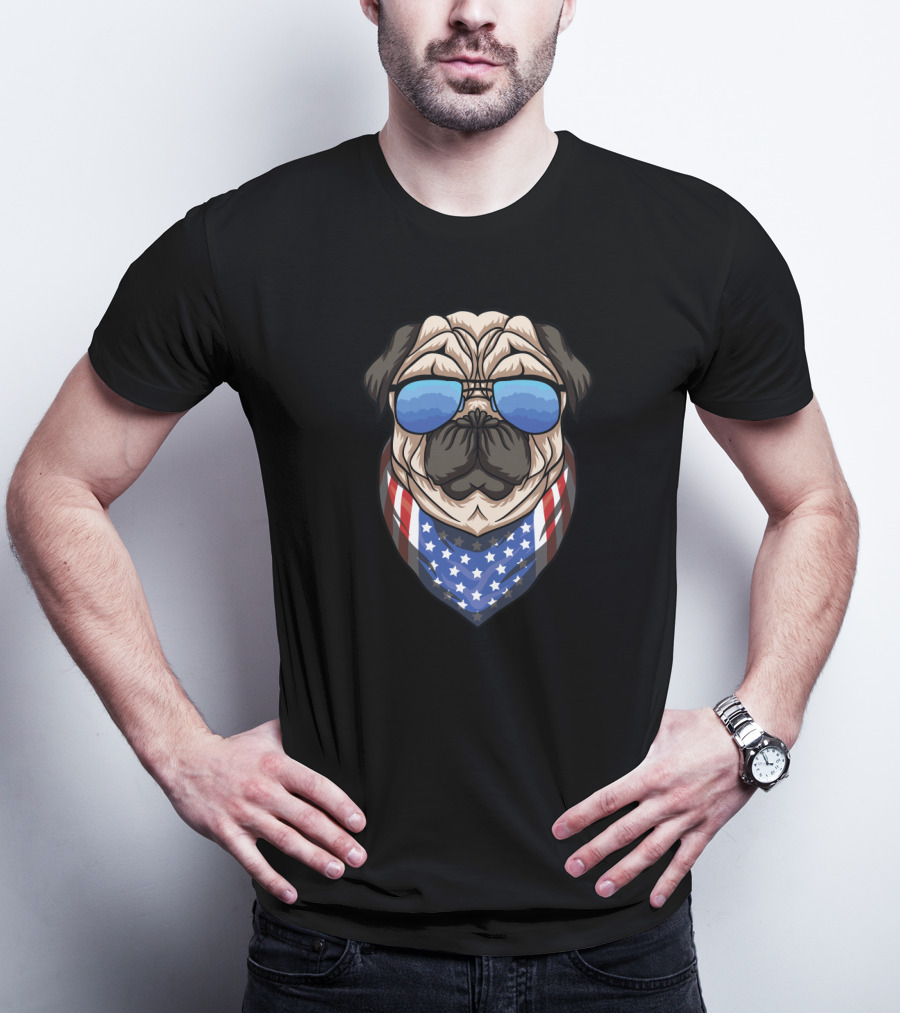 PUG Dog Wearing American Flag Bandana And Reflective Sunglasses T-Shirt