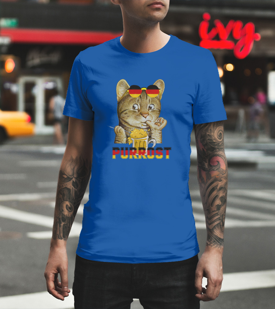 Oktoberfest Cat With Beer Mug And German Sunglasses Prost Pun Purrost T-Shirt