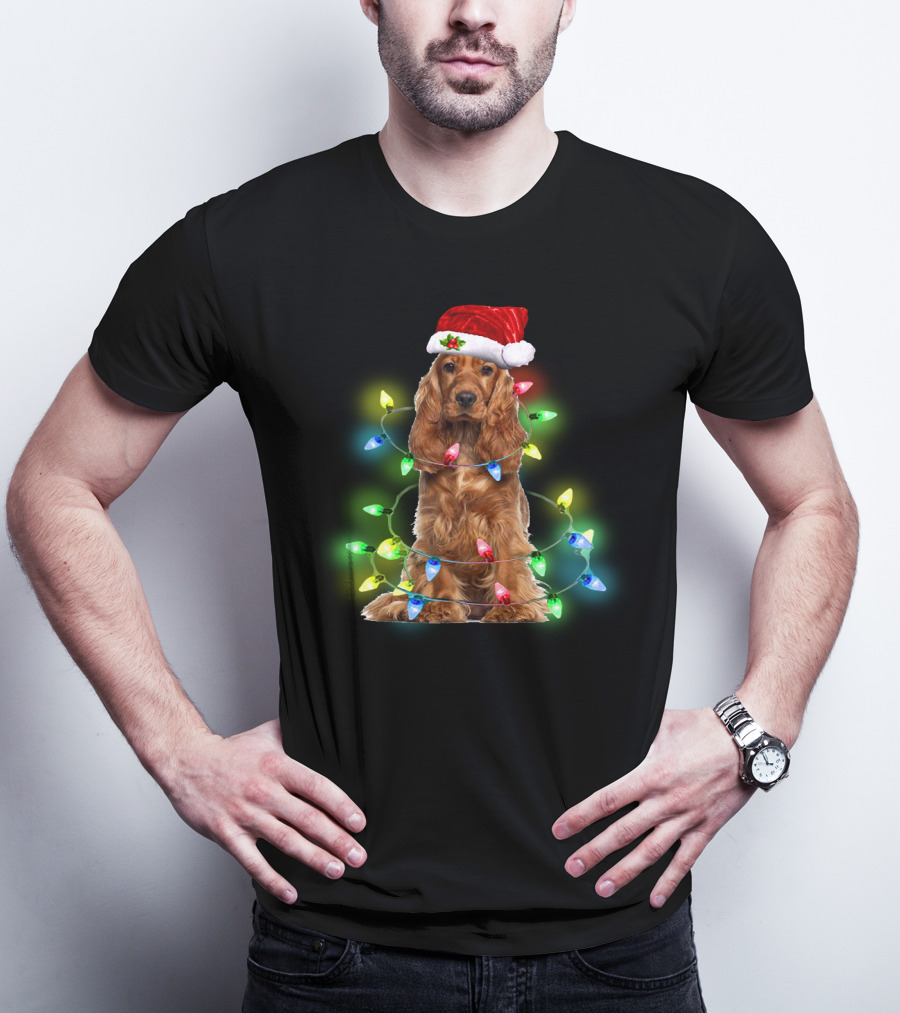 Cocker Spaniel Christmas Santa Hat Wrapped In Colorful Holiday Lights T-Shirt