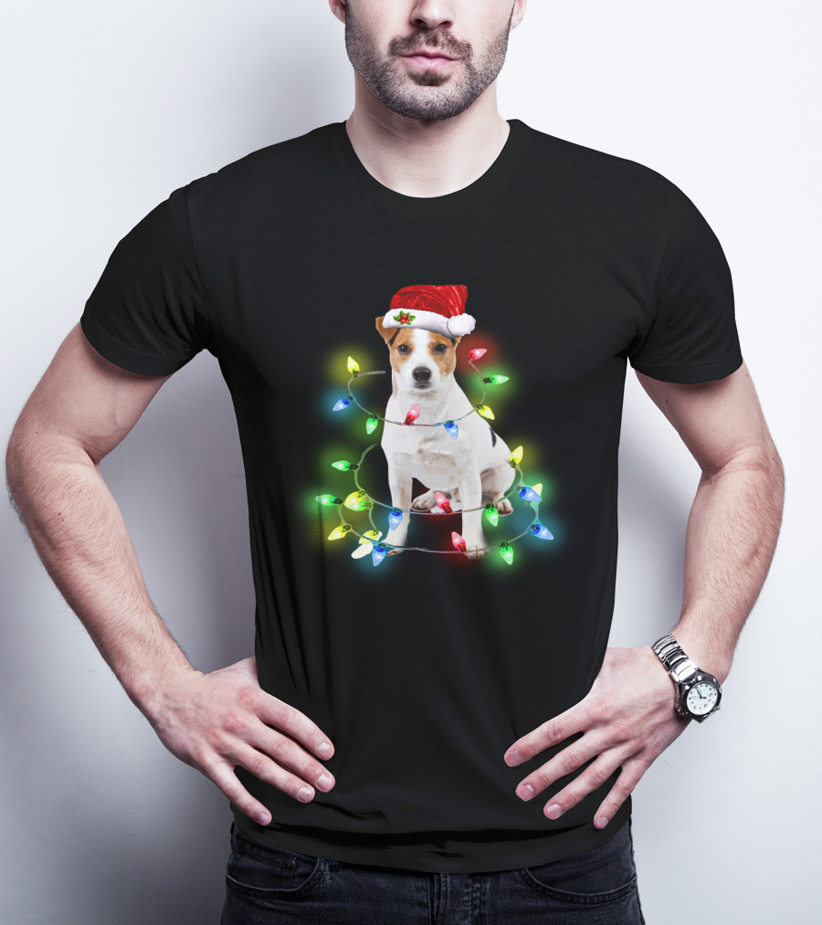 Jack Russell Terrier Holiday Lights Festive Santa Hat T-Shirt