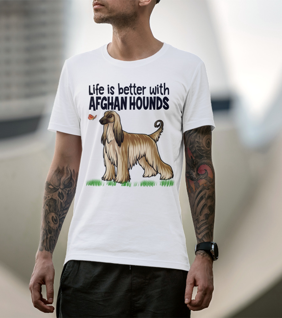 Life Is Better With Afghan Hounds Vintage Style Featuring Elegant Afghan Hound And Butterfly T-Shirt