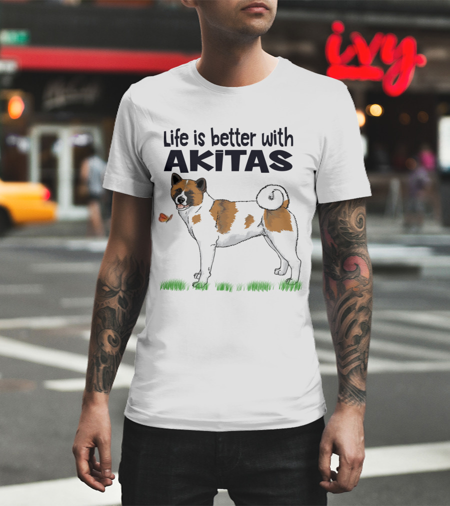 Life Is Better With Akitas Illustrated With Butterfly And Dog T-Shirt