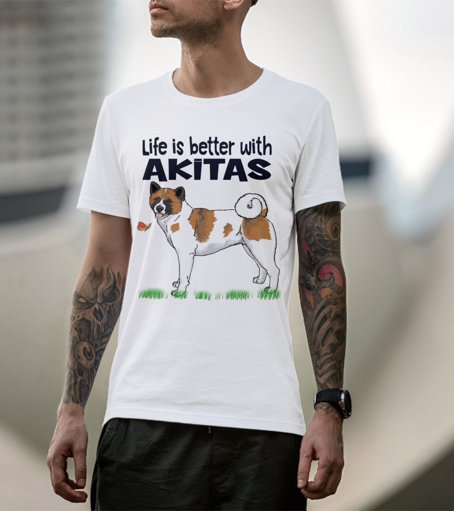Life Is Better With Akitas Illustrated With Butterfly And Dog T-Shirt