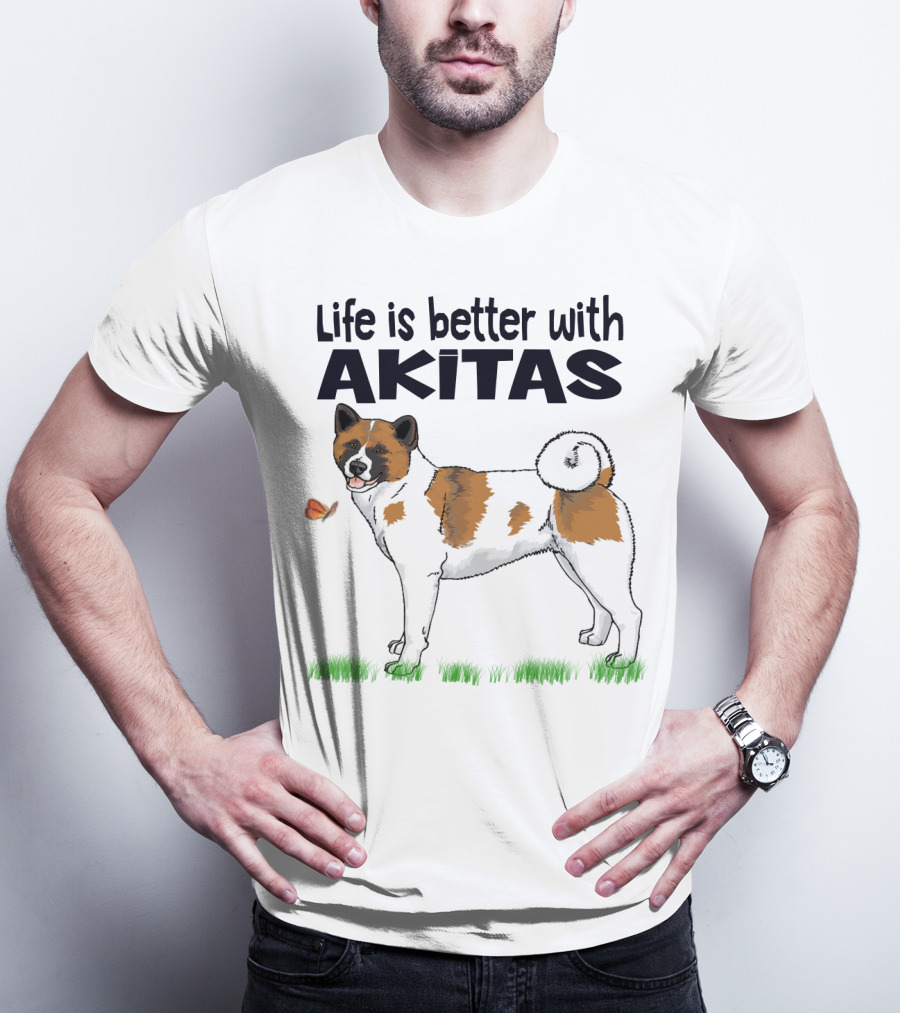 Life Is Better With Akitas Illustrated With Butterfly And Dog T-Shirt