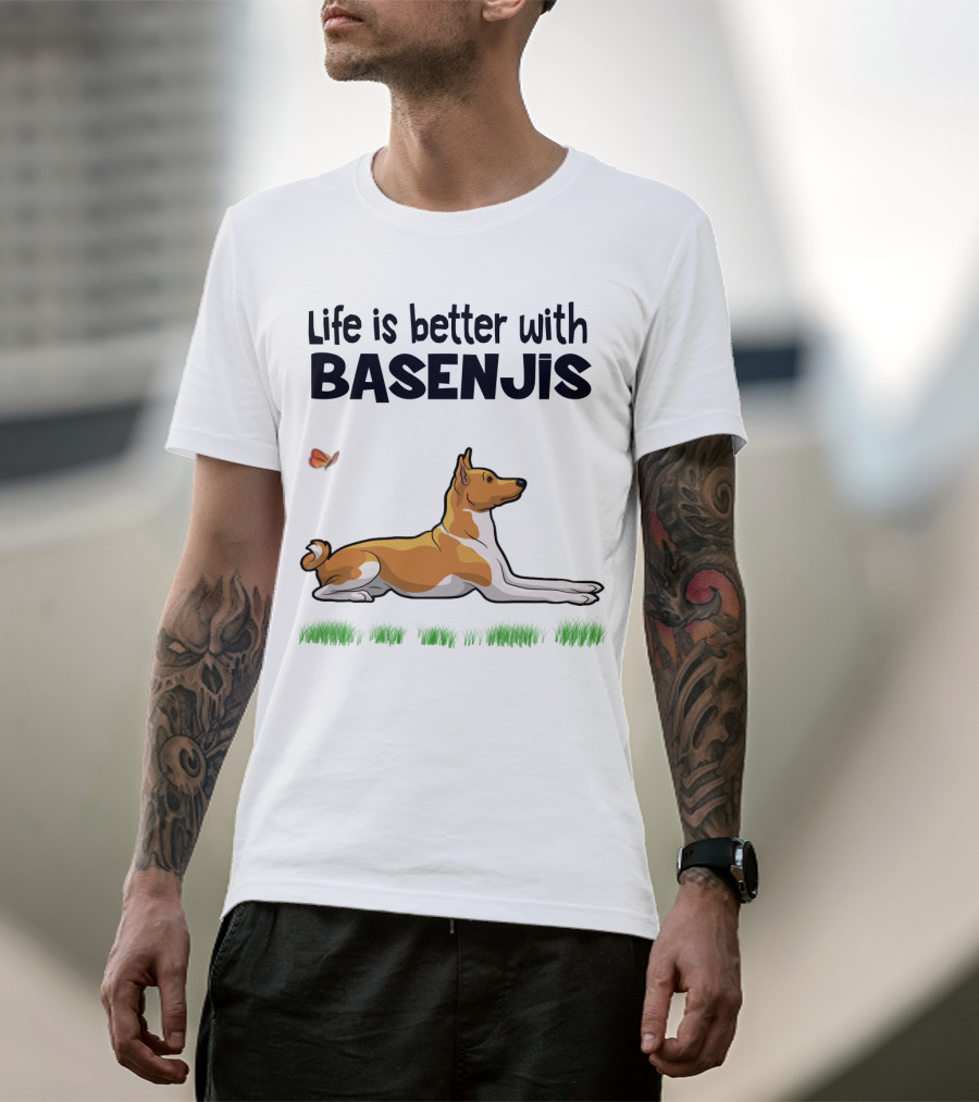Life Is Better With Basenjis Dog 70s Retro Style Laying On Grass With Butterfly T-Shirt