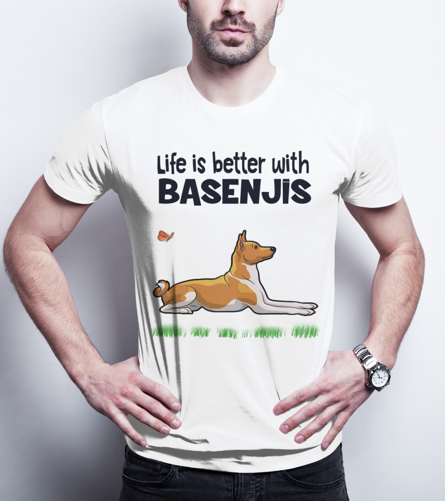 Life Is Better With Basenjis Dog 70s Retro Style Laying On Grass With Butterfly T-Shirt