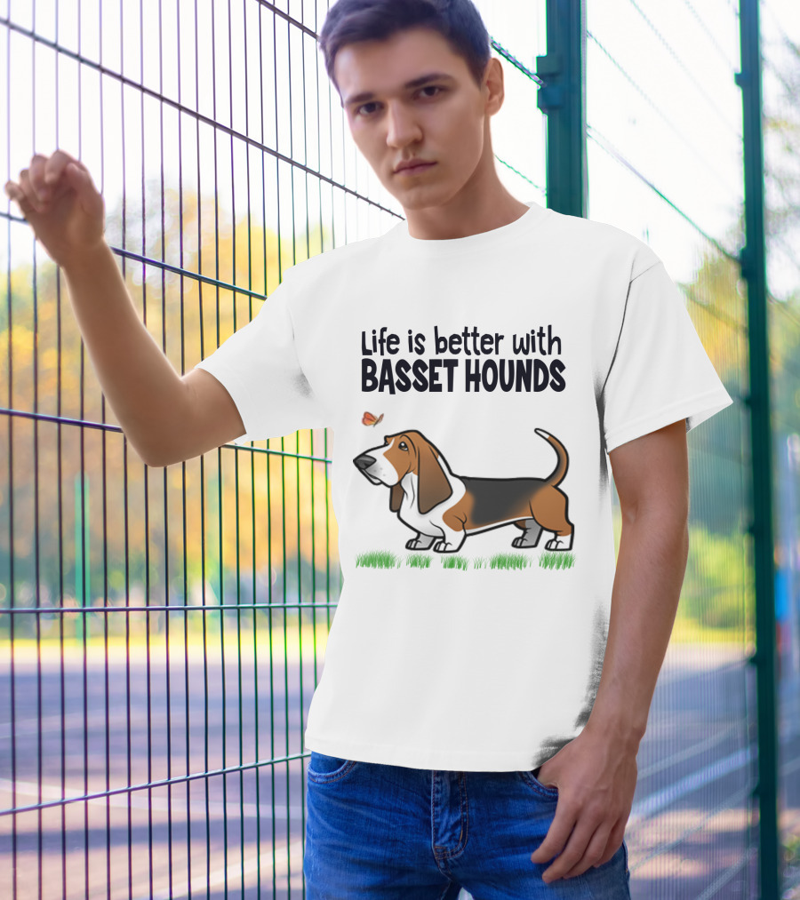 Life Is Better With Basset Hounds Butterfly And Dog Graphics On Grass T-Shirt