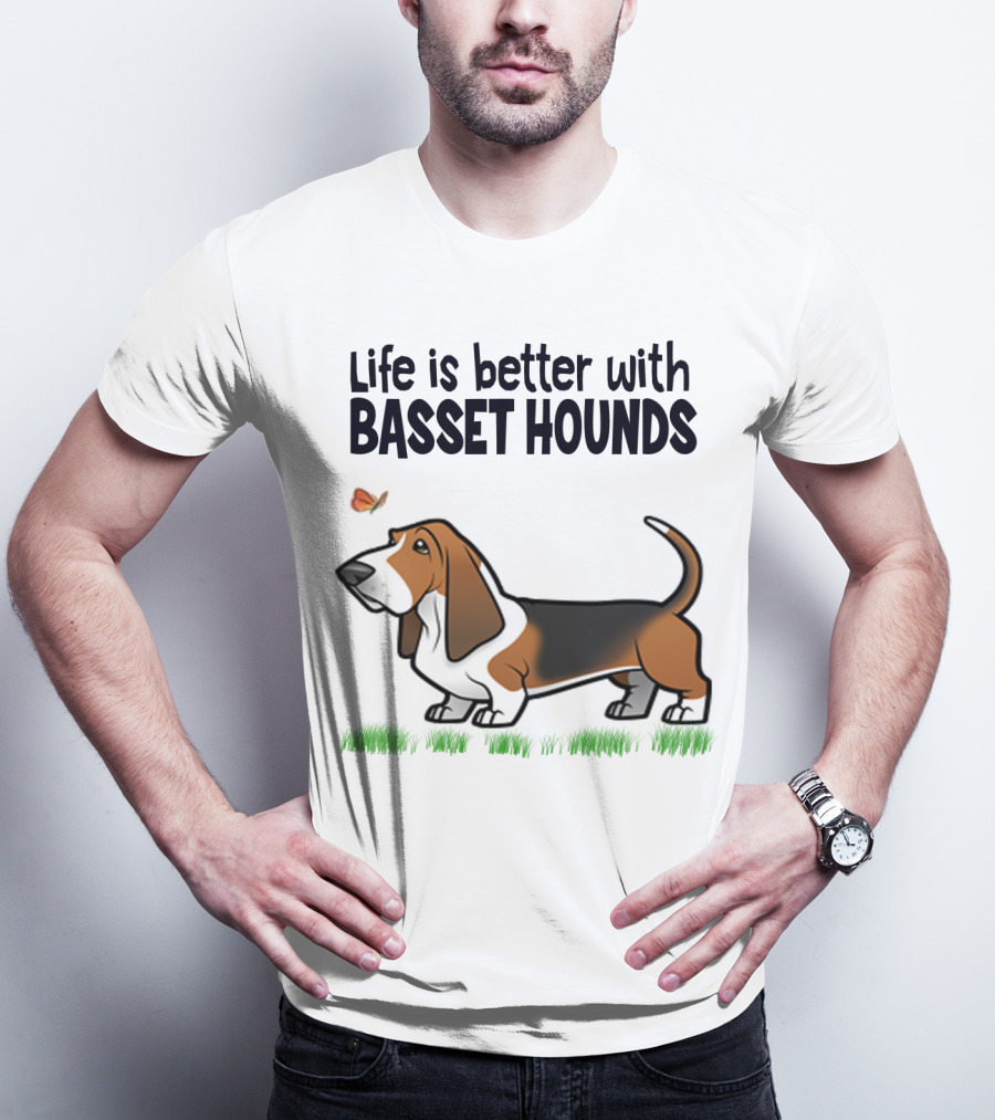 Life Is Better With Basset Hounds Butterfly And Dog Graphics On Grass T-Shirt