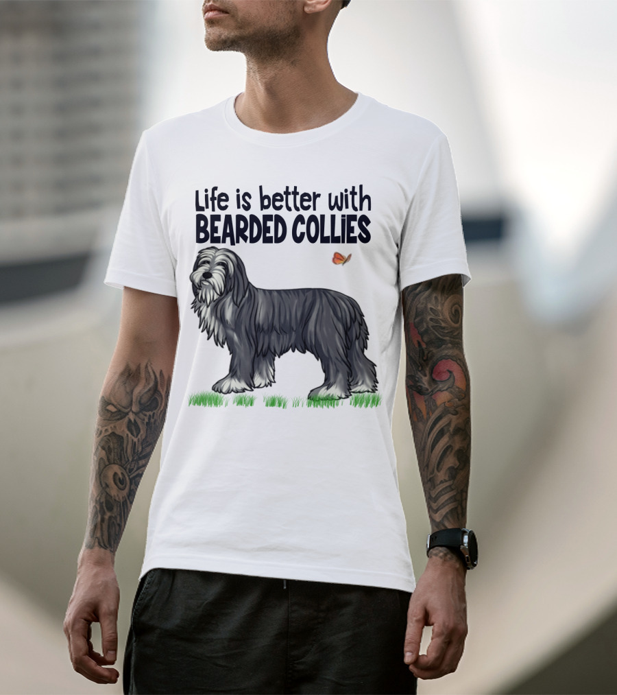 Life Is Better With Bearded Collies Illustration With Butterfly And Grass T-Shirt