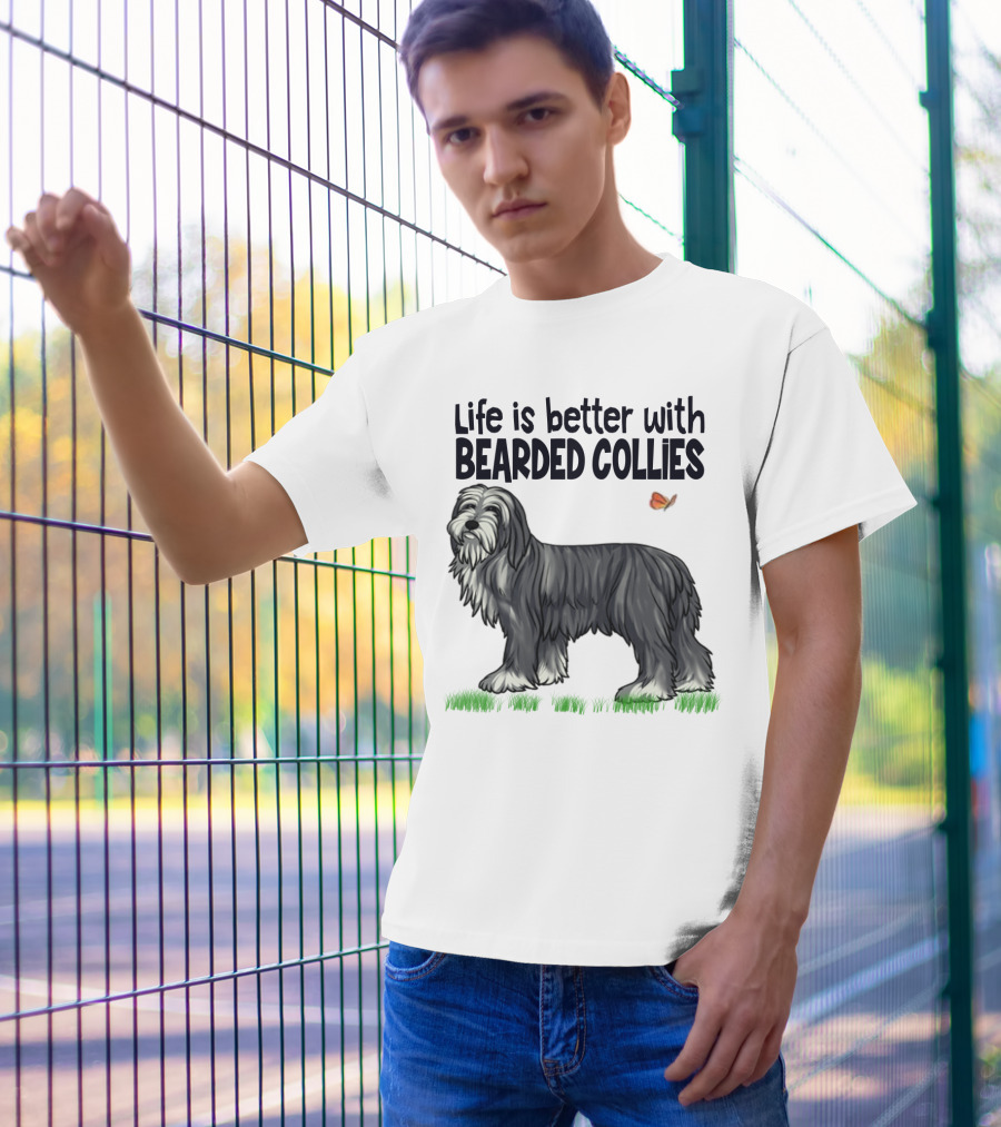 Life Is Better With Bearded Collies Illustration With Butterfly And Grass T-Shirt