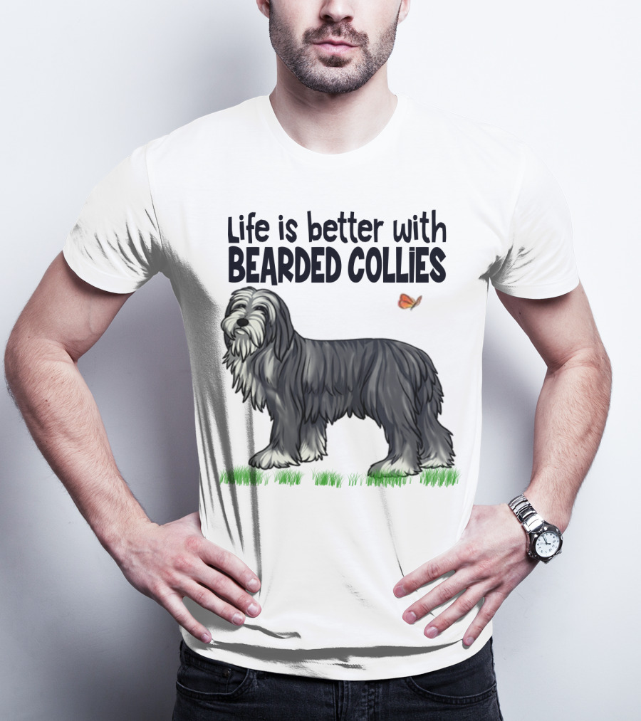 Life Is Better With Bearded Collies Illustration With Butterfly And Grass T-Shirt