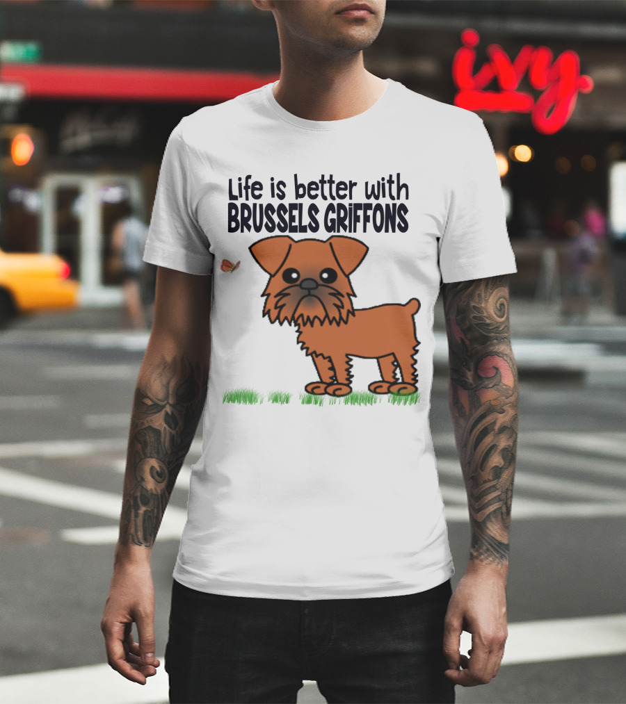 Life Is Better With Brussels Griffons Cartoon Dog And Butterfly T-Shirt