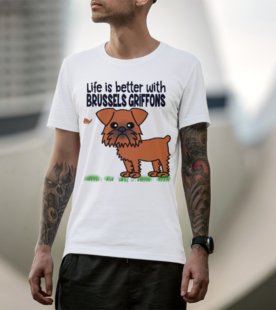 Life Is Better With Brussels Griffons Cartoon Dog And Butterfly T-Shirt