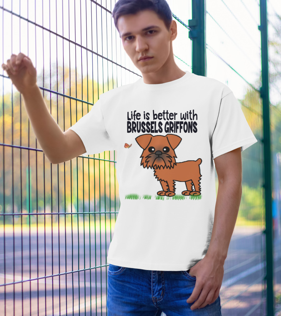 Life Is Better With Brussels Griffons Cartoon Dog And Butterfly T-Shirt