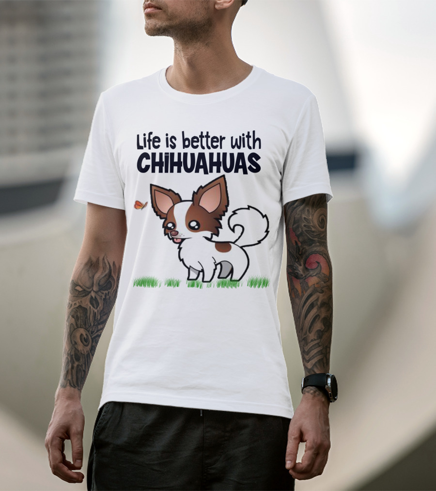 Life Is Better With Chihuahuas Cute Cartoon Butterfly Charm T-Shirt