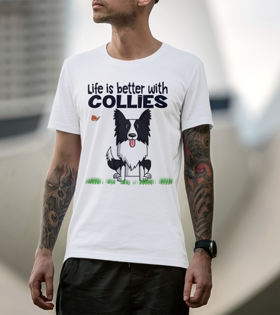 Life Is Better With Collies Cute Border Collie Illustration Butterfly And Grass T-Shirt