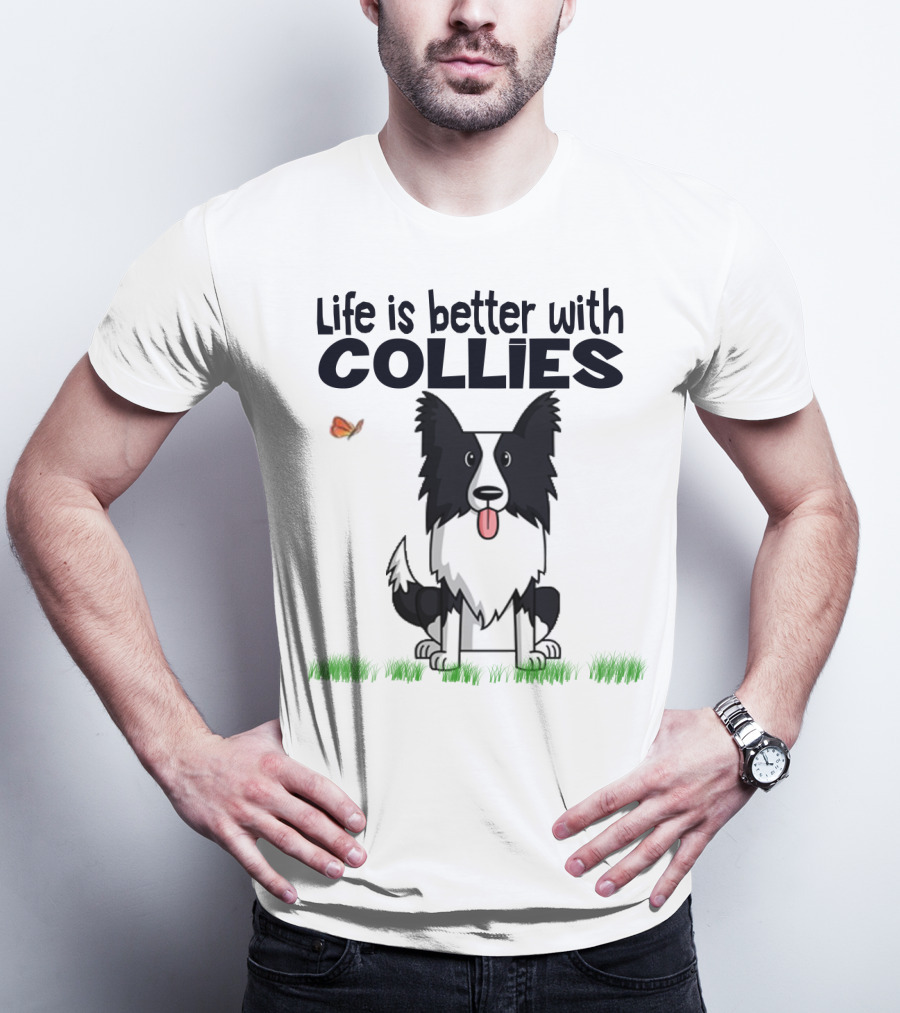 Life Is Better With Collies Cute Border Collie Illustration Butterfly And Grass T-Shirt