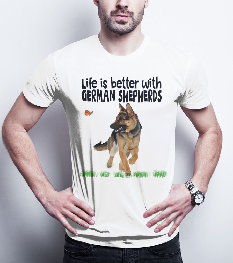 Life Is Better With German Shepherds And Butterflies In The Grass T-Shirt