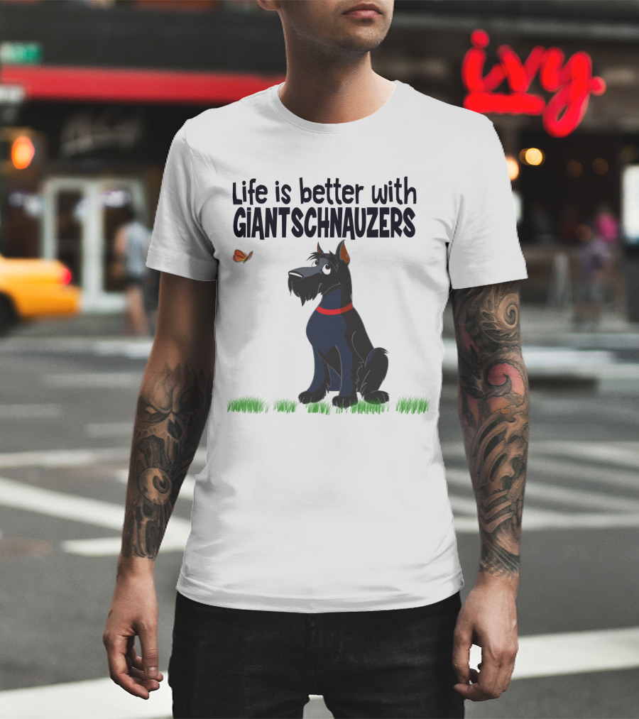 Life Is Better With Giant Schnauzers Playful Cartoon Dog And Butterfly In Grass T-Shirt