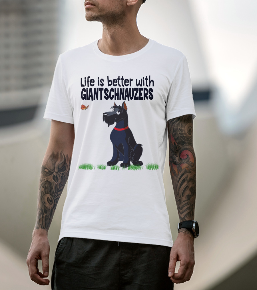 Life Is Better With Giant Schnauzers Playful Cartoon Dog And Butterfly In Grass T-Shirt