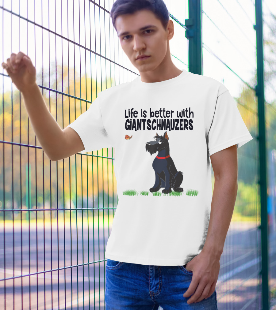 Life Is Better With Giant Schnauzers Playful Cartoon Dog And Butterfly In Grass T-Shirt