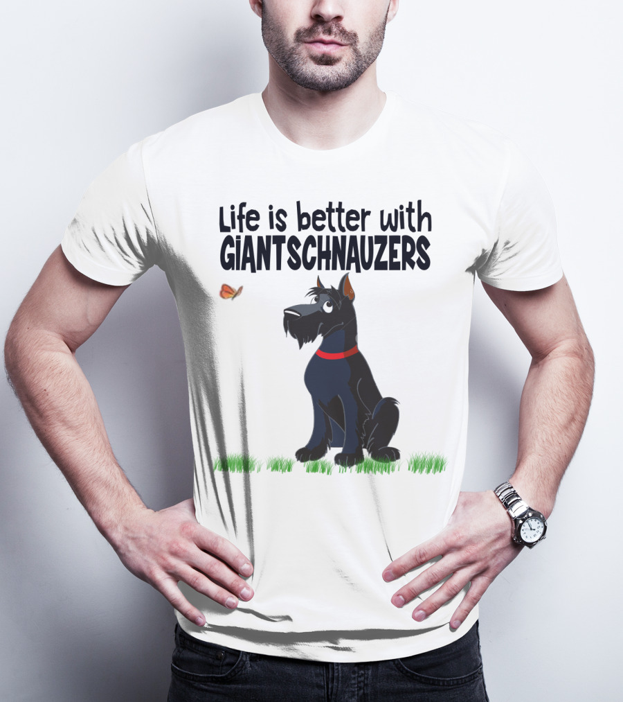 Life Is Better With Giant Schnauzers Playful Cartoon Dog And Butterfly In Grass T-Shirt