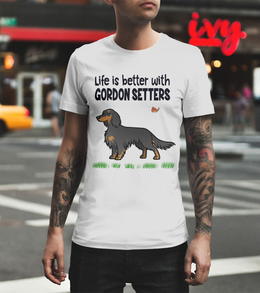 Life Is Better With Gordon Setters Charming Dog Illustration Featuring Butterfly And Grass T-Shirt