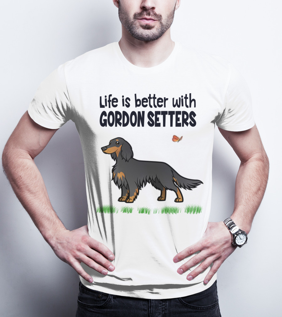 Life Is Better With Gordon Setters Charming Dog Illustration Featuring Butterfly And Grass T-Shirt
