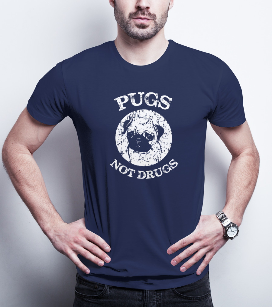 Vintage Style Pugs Not Drugs With Distressed Pug Face T-Shirt