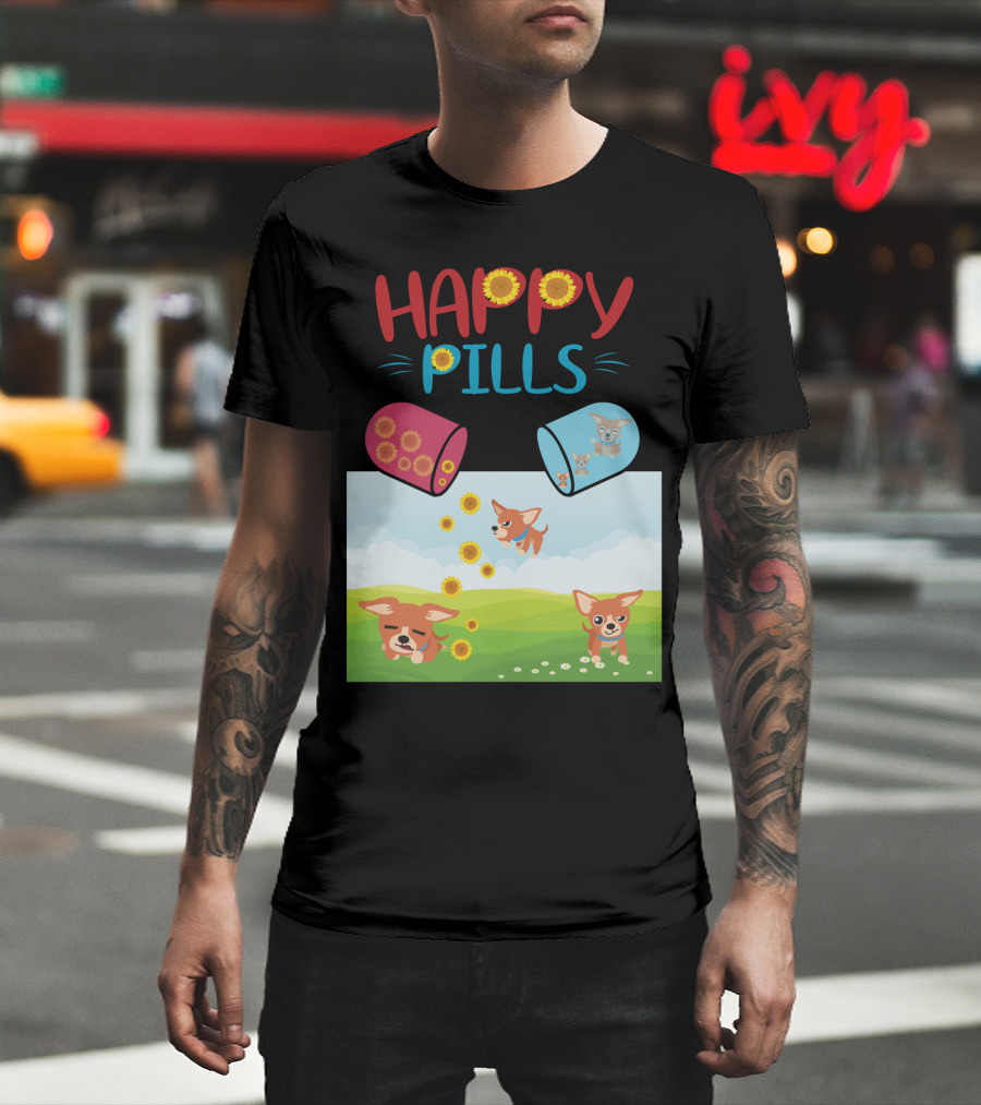 Happy Pills Chihuahuas Playing With Sunflowers T-Shirt