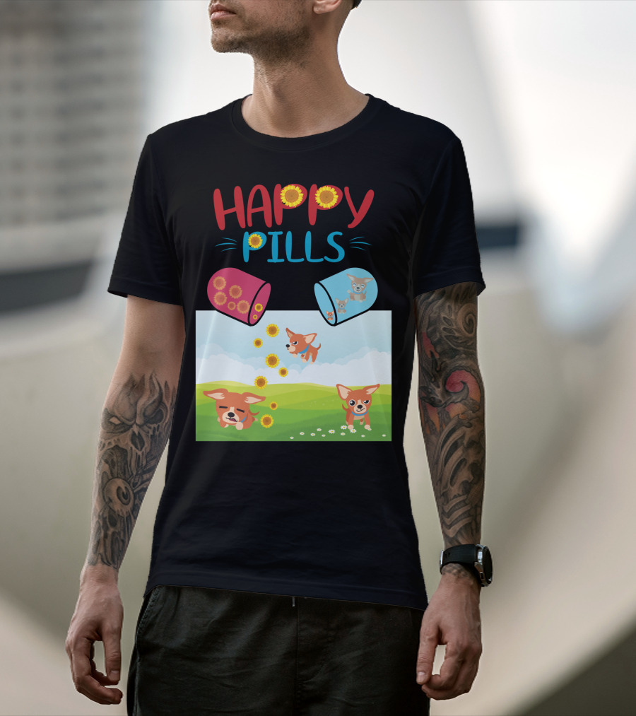 Happy Pills Chihuahuas Playing With Sunflowers T-Shirt